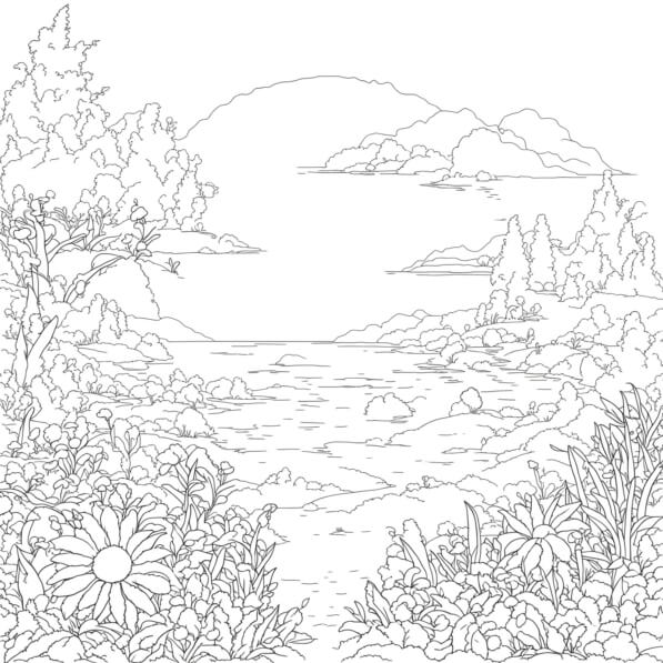 Download Tranquil Nature Landscape with Flowers and Trees Coloring ...
