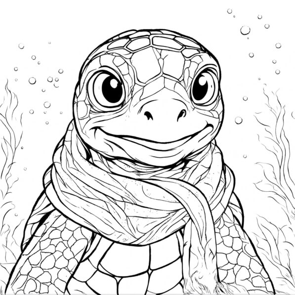 Descarga Página para Colorear de Tortuga con Bufanda y Conchas Marinas ...