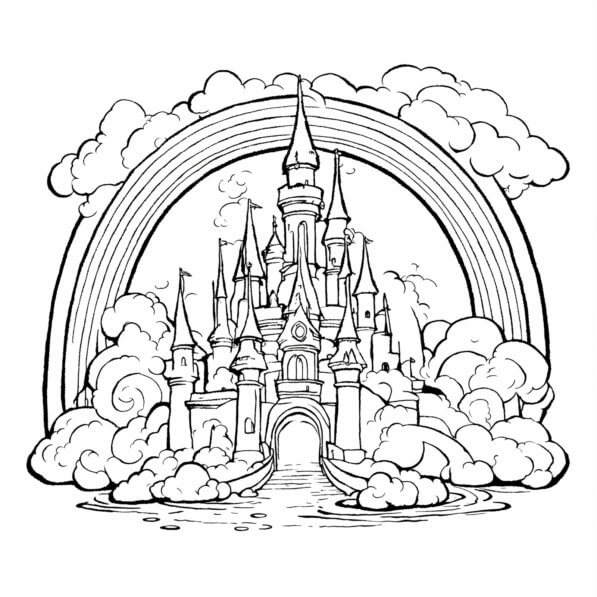 Download Disney Castle Coloring Page with Rainbows and Clouds Coloring ...