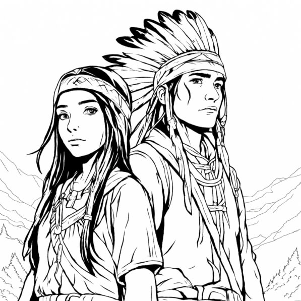 Download Coloring Page: Native Americans with Headdresses and Mountains ...