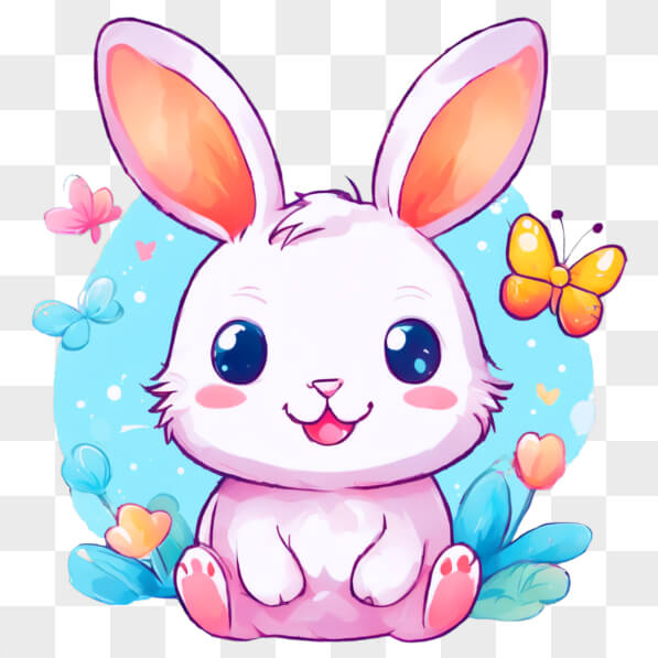 Download Kawaii White Bunny in Grass with Butterflies and Flowers ...