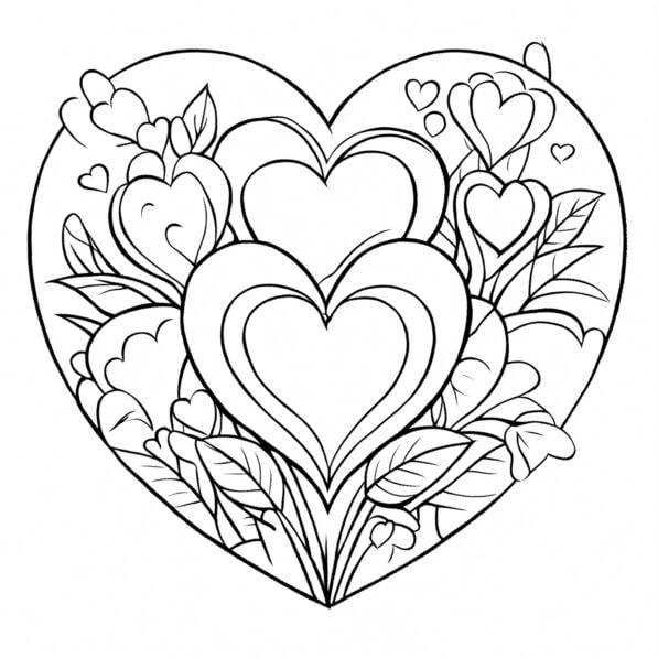 Download Valentine's Day Heart Coloring Page with Flowers and Leaves ...