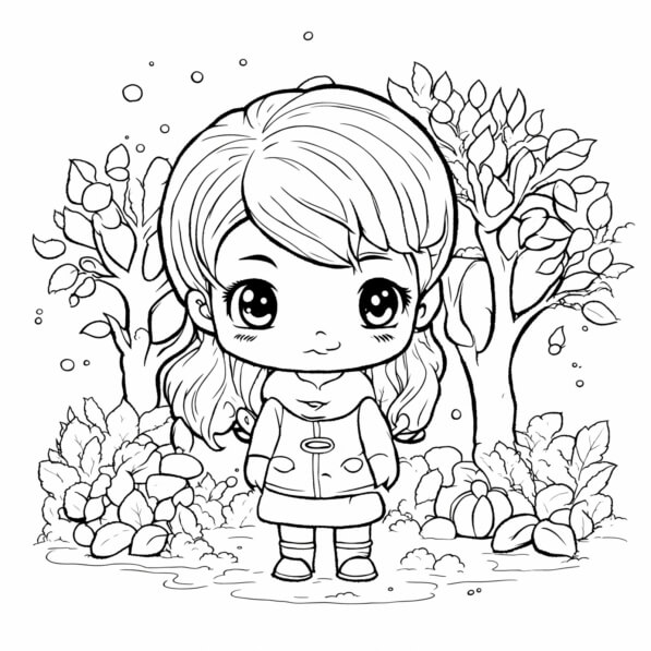 Download Autumn Girl Coloring Page in the Woods Coloring pages Online ...