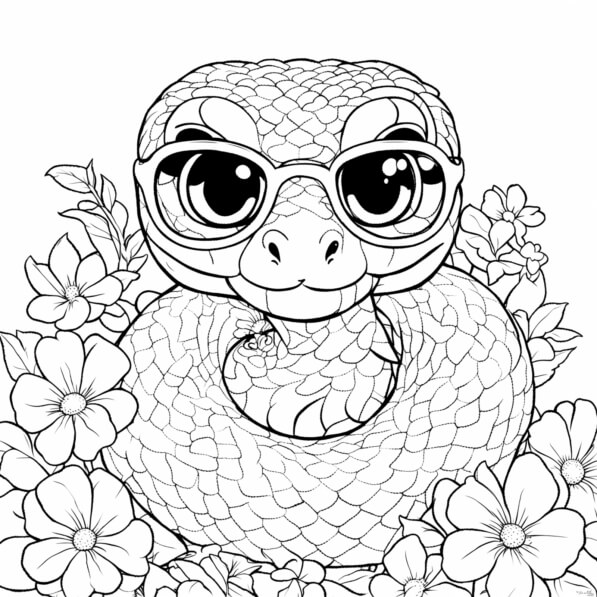 Download Coloring Page: Cute Snake with Glasses and Flowers Coloring ...