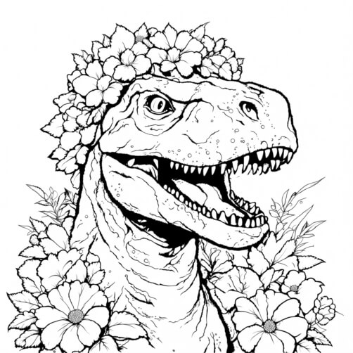 Download Coloring Page with T-Rex and Flowers Coloring pages Online ...