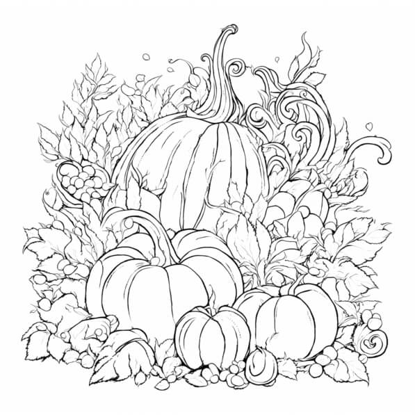 Download Fall-Themed Coloring Page with Pumpkins and Leaves Coloring ...