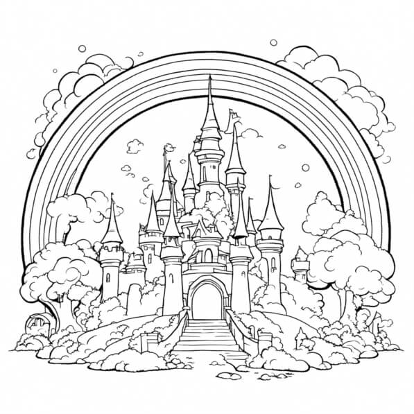 Download Castle Coloring Page with Rainbow Background Coloring pages ...