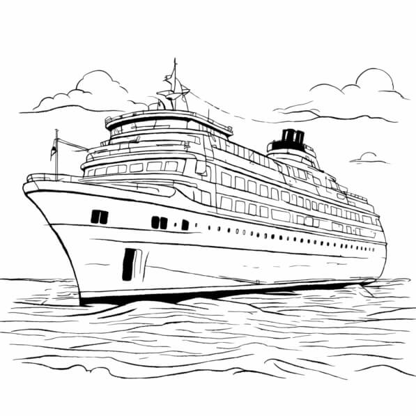 Download Black and White Drawing of a Cruise Ship on the Ocean Coloring ...