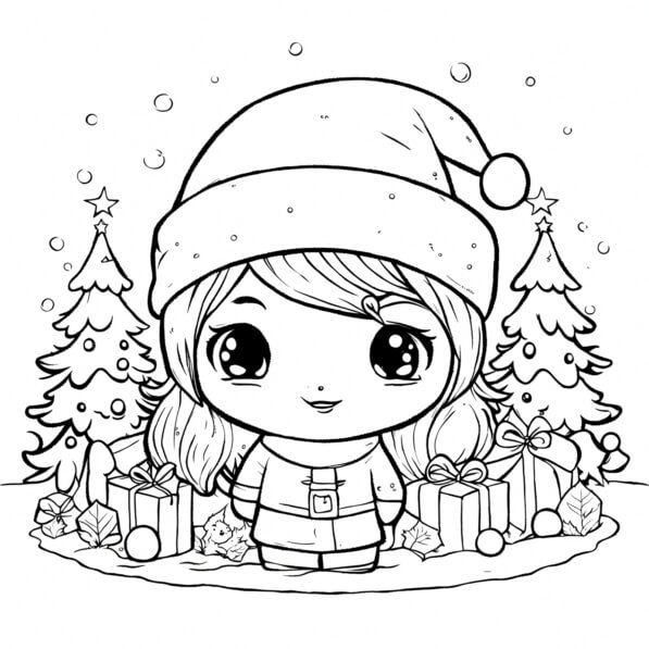 Download Christmas Coloring Page With Girl In Santa Hat Coloring Pages Online Creative Fabrica
