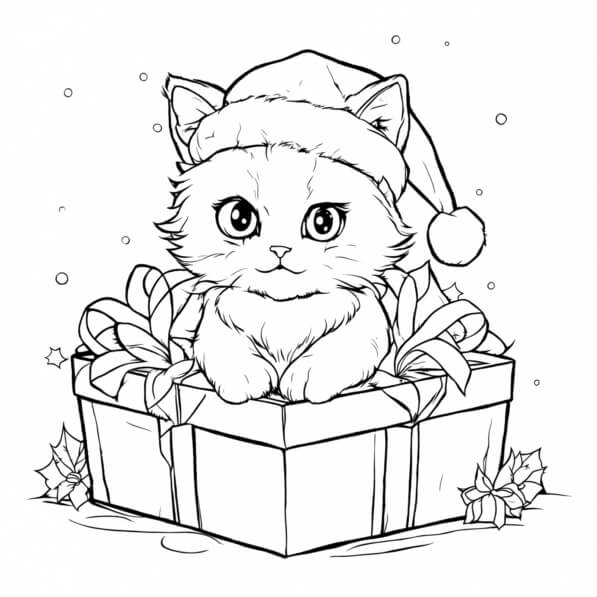 Download Christmas Coloring Page: Kitten in Gift Box with Santa Hat ...