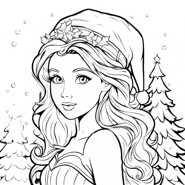 Download Holiday Season Coloring Page Girl In Santa Hat In Snowy Forest Coloring Pages Online