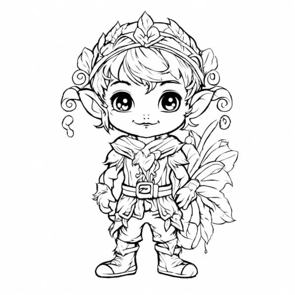 Download Cute Elf Coloring Page with Flowers and Leaves Coloring pages ...