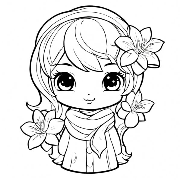 Download Cartoon Girl with Flowers Coloring pages Online - Creative Fabrica