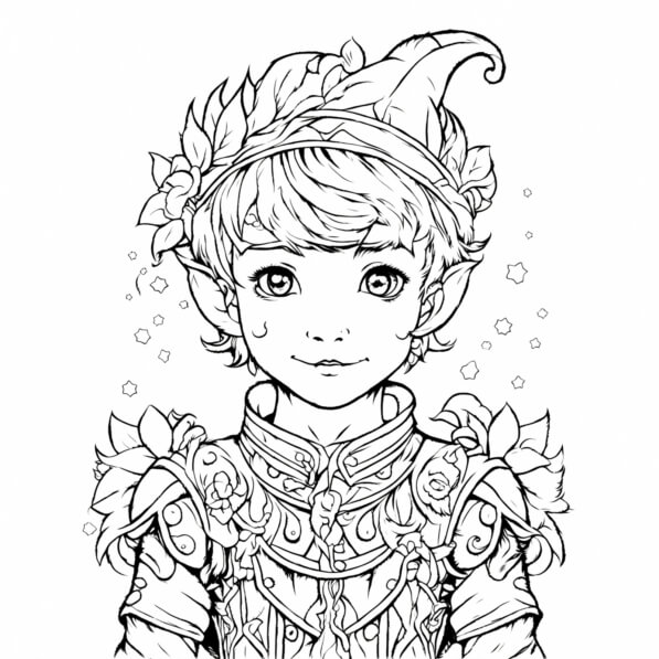 Télécharger Page de coloriage d'elfe avec des fleurs Pages de coloriage En Ligne - Creative Fabrica