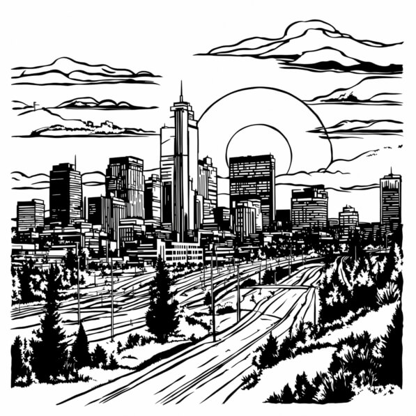 Download Calgary Skyline Illustration with Trees and Mountains Coloring ...