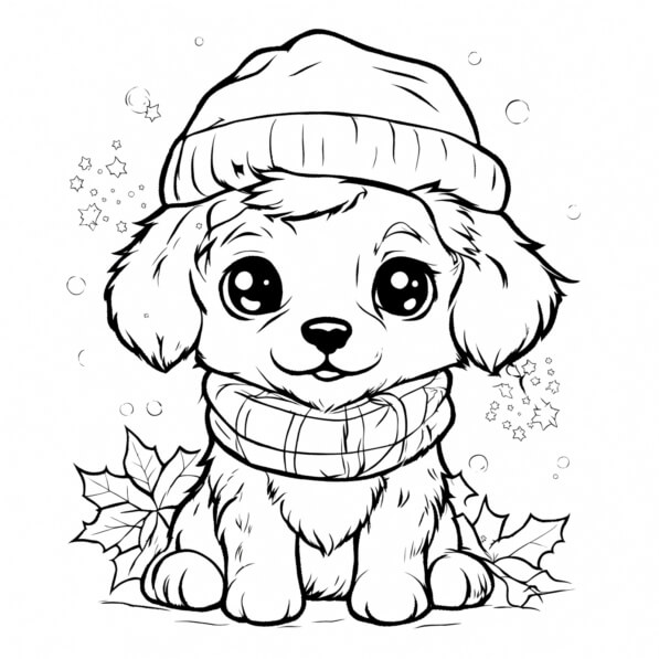 Download Cute Puppy in Snow with Scarf and Hat Coloring pages Online ...