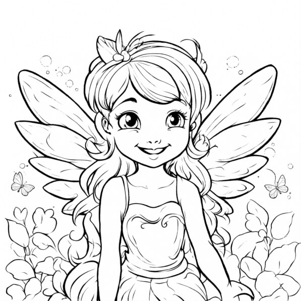 Download Cute Fairy Coloring Page for Kids with Flowers and Butterflies ...