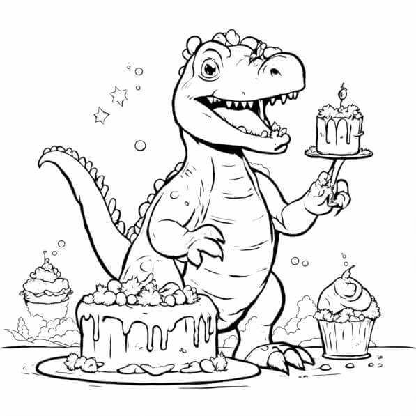Download T-Rex Coloring Page with Birthday Cake and Cupcakes Coloring ...