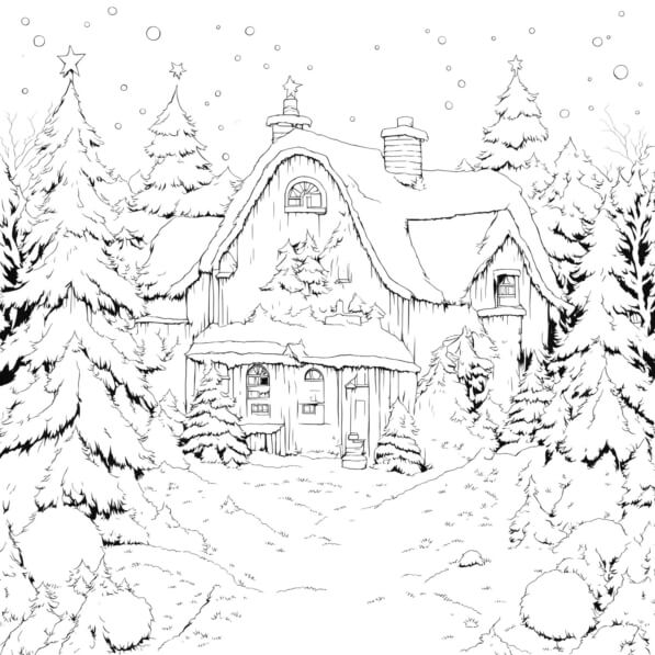 Descarga Casa de Invierno en la Nieve con Árboles Páginas para colorear ...