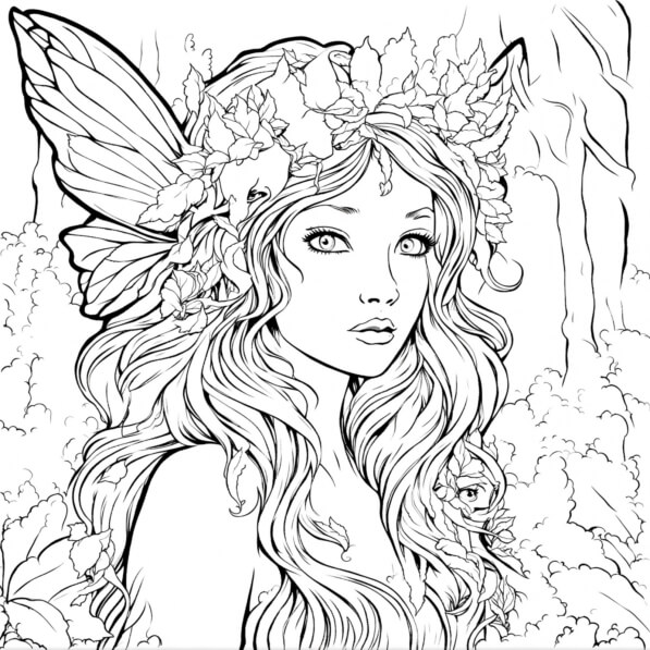 Download Adult Coloring Page: Fairy Girl with Flowers and Leaves ...