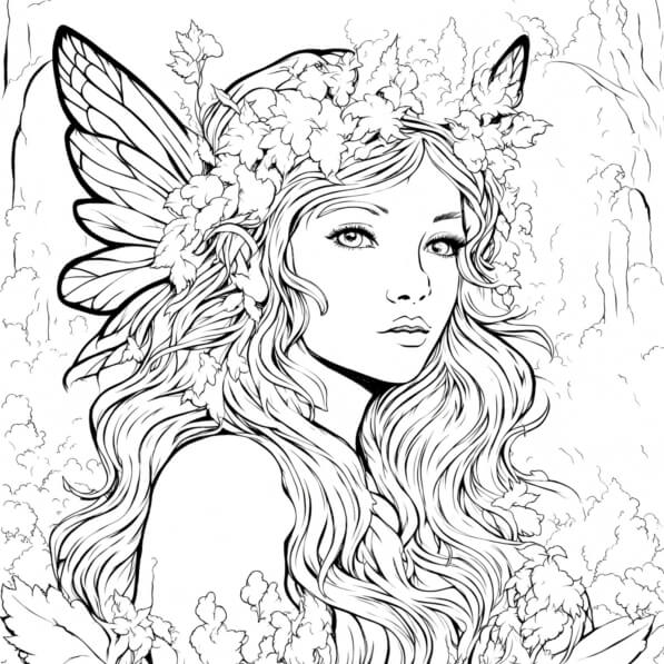 Download Fairy Girl with Flowers Coloring pages Online - Creative Fabrica