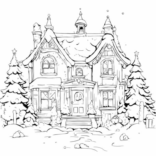 Download Christmas House Coloring Page with Trees and Snow Coloring ...