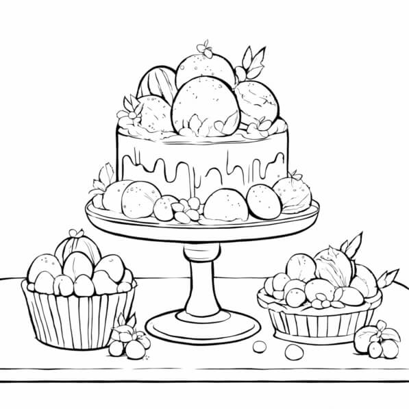 Download Coloring Page: Cake with Fruits and Bowls Coloring pages ...
