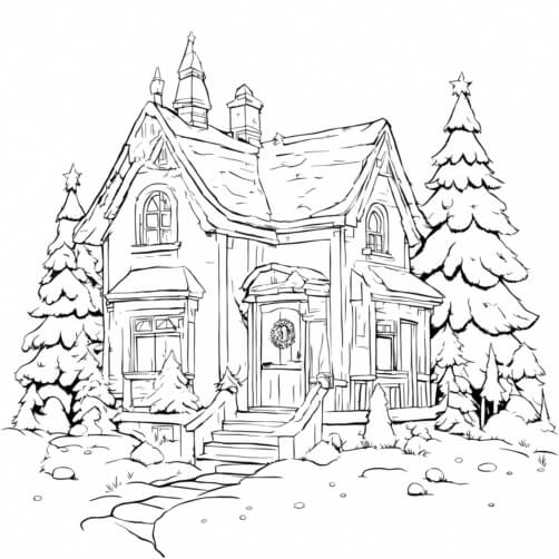 Download Christmas House Coloring Page with Trees and Snow Coloring ...