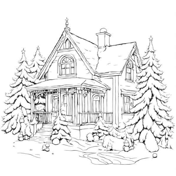 Descarga Dibujo de una casa de invierno en blanco y negro con árboles ...