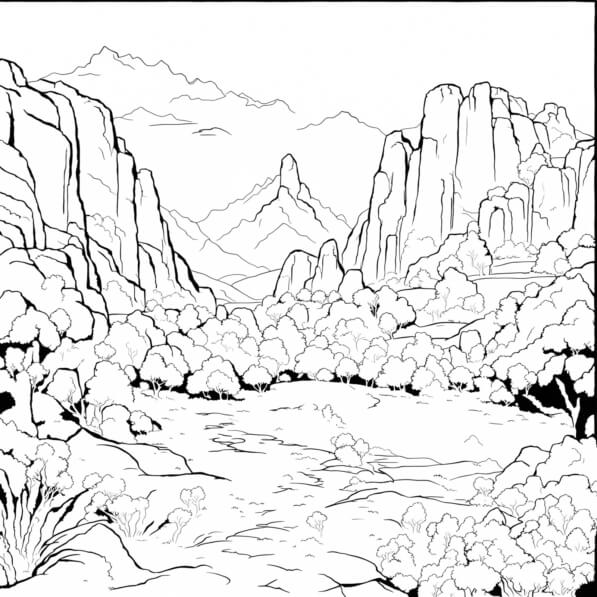 Download Nature Coloring Page with Mountains, Trees, and Bushes ...