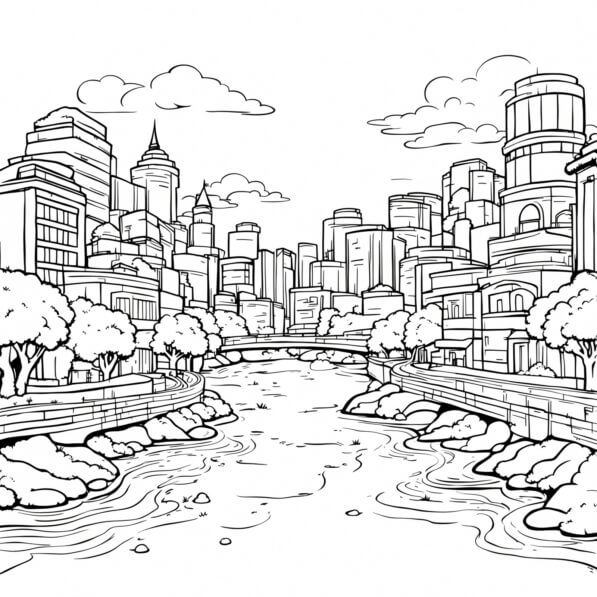Download Black and White Urban Landscape Drawing Coloring pages Online ...