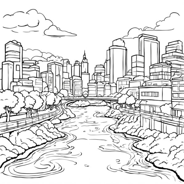Scarica Disegno in bianco e nero di un panorama urbano con fiume Pagine ...