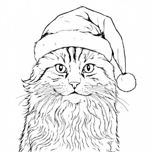 Download Cat with Santa Cap Coloring pages Online - Creative Fabrica