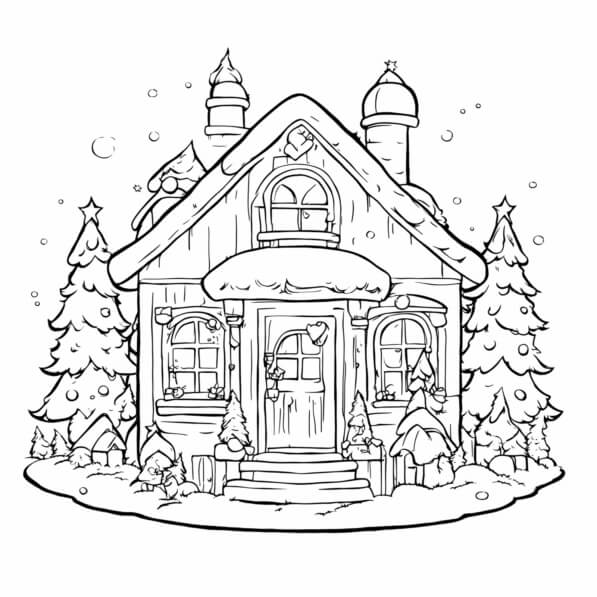 Download Christmas House Coloring Page with Trees and Snow Coloring ...