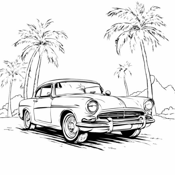 Download Old-Fashioned Car Drawing on Beach with Palm Trees Coloring ...