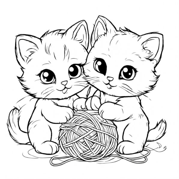 Download Two Cute Kittens with Ball of Yarn Coloring pages Online ...