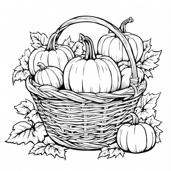 Download Fall-Themed Basket with Pumpkins and Leaves Coloring pages ...