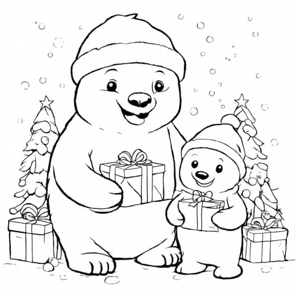 Download Polar Bear and Cub with Presents at Christmas Tree Coloring ...