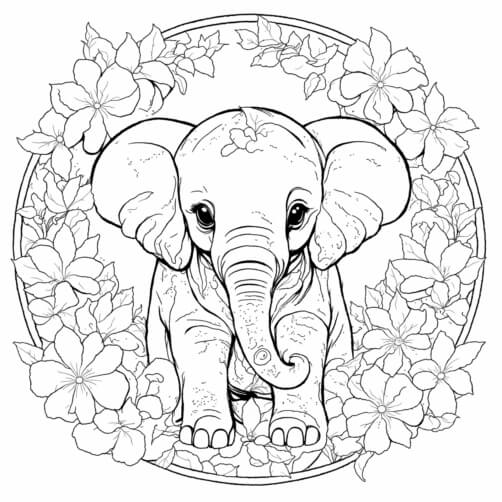 Download Elephant in Circle with Flowers Coloring pages Online ...