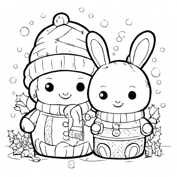 Download Coloring Page: Cute Bunny Rabbits in Winter Clothes and Hats ...
