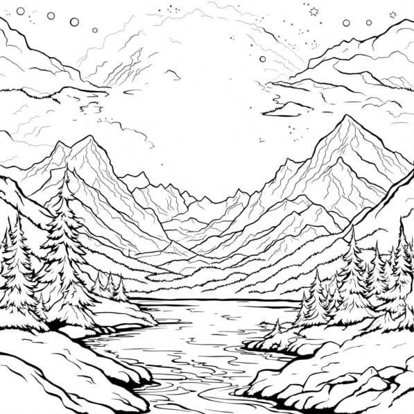 Télécharger Page de coloriage Montagne et Rivière en Noir et Blanc ...