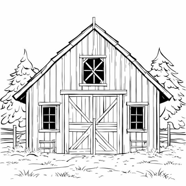 Download Rustic Barn Coloring Page with Pine Trees Coloring pages ...