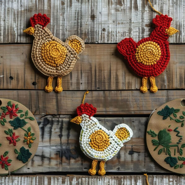 Download Colorful Crocheted Chicken Ornaments and Wreaths on Wooden ...