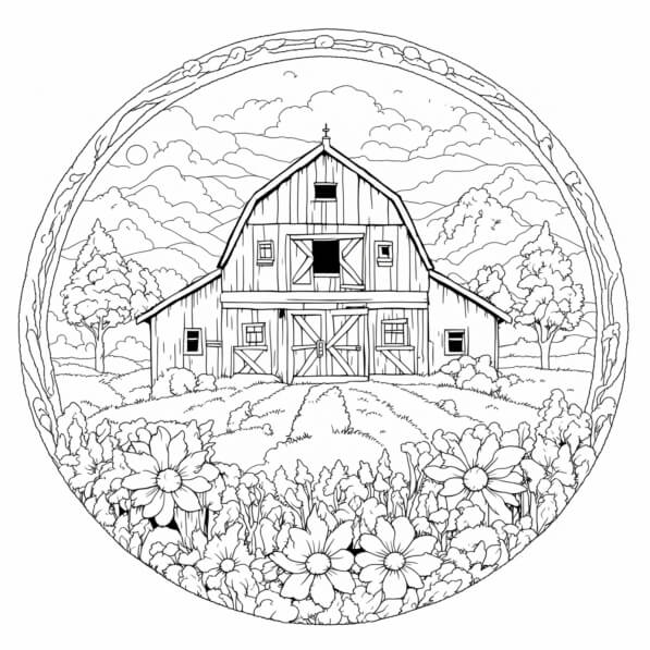 Télécharger Page de coloriage : Grange à la campagne avec des fleurs ...