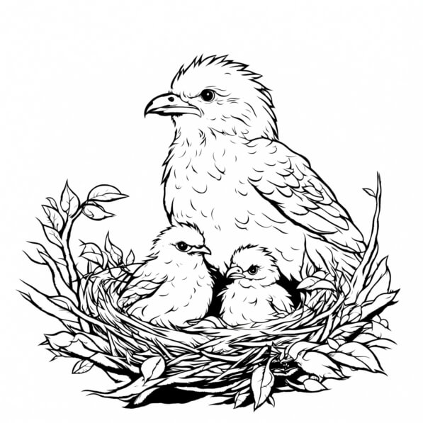 Download Zwart-wit tekening van een arend met babyvogels in nest ...