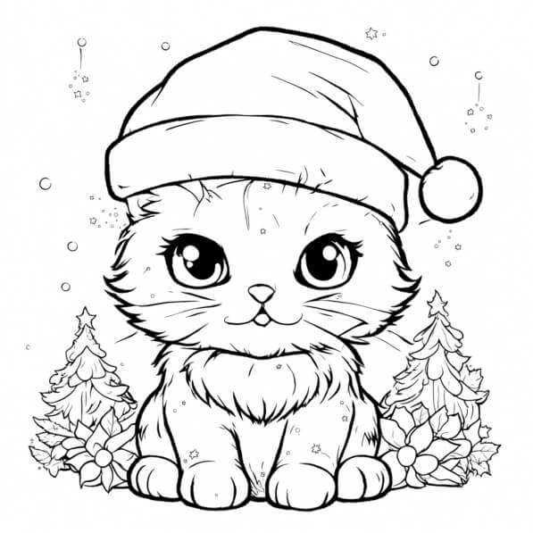 Download Festive Cat in Santa Hat Coloring Page Coloring pages Online ...