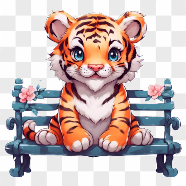 Download Kawaii Tiger Cub on Wooden Bench with Flowers Kawaii Online ...