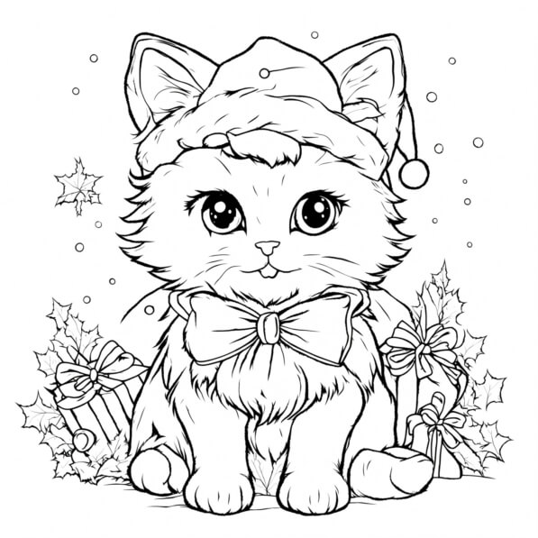 Download Cat in Santa Hat Coloring Page with Christmas Presents ...