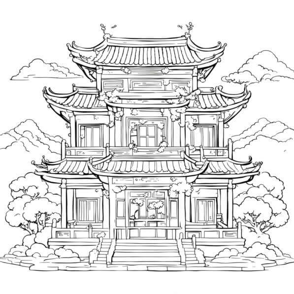 Download Traditional Chinese Pagoda with Trees and Mountains Coloring ...