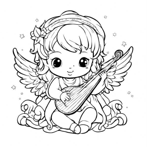 Download Cute Angel Playing Lute Coloring pages Online - Creative Fabrica
